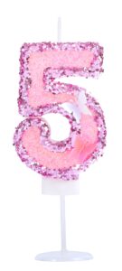 kinsynko 5 birthday candle 5 years old girl pink sequins number 5 candle with 3d cute butterfly for princess kids 5th birthday butterfly theme party decorations…