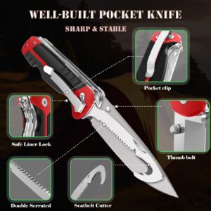 YiMai Pocket Knife, Multipurpose folding knife with Serrated Blade and Seatbelt Cutter - Work Camping Survival Hiking Gardens Trimming Pocket Knives (Hei&Hong)