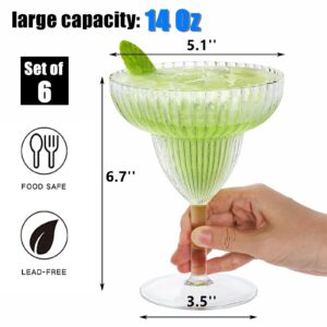 Cididu Set of 6 Stemmed Margarita Glasses Cups, 14 oz Clear Acrylic Party Drinking Glasses Goblet, Reusable Ribbed Tequila Spicy Margarita Glassware, Cocktail Martini Bar Accessories