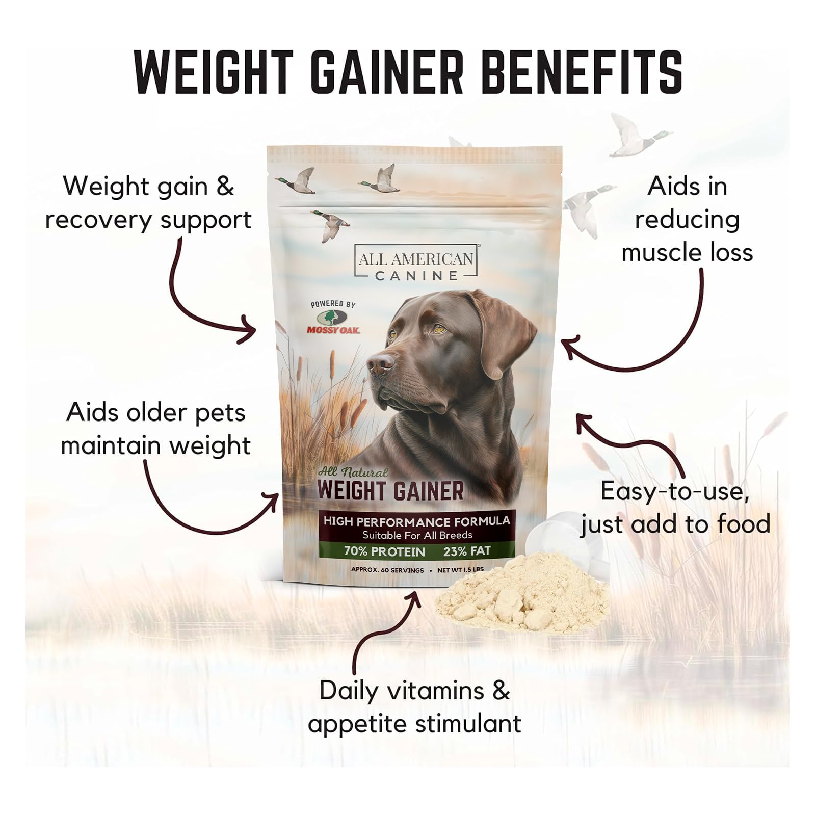 All American Canine Dog Weight Gainer - Dog Protein Powder - High Calorie Dog Food Supplement, Premium Quality Weight Gainer, Mass, Recovery, Appetite Stimulant - 60 Servings