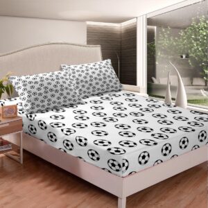 Soccer Kids Sheet Full Size,Ball Sports Games Competition Bedding Set,Girls Boys Adults Room Decor,American Football Cartoon Black White Unique Bed Sheet Set 4pcs(Fitted + Flat + 2 Pillowcases)