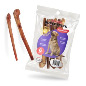 petsworld 12" thick bully sticks (6 count) - all-natural, odor-free dog chews for large dogs | long-lasting, 100% digestible beef pizzle treats