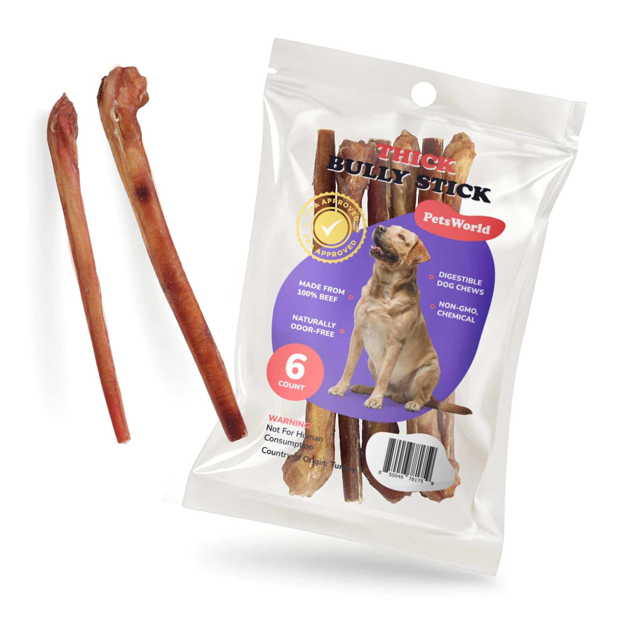 PETSWORLD 12" Thick Bully Sticks (6 Count) - All-Natural, Odor-Free Dog Chews for Large Dogs | Long-Lasting, 100% Digestible Beef Pizzle Treats