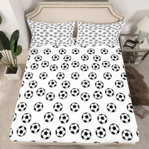 Soccer Kids Sheet Full Size,Ball Sports Games Competition Bedding Set,Girls Boys Adults Room Decor,American Football Cartoon Black White Unique Bed Sheet Set 4pcs(Fitted + Flat + 2 Pillowcases)