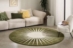 restoration and renovation modern round area rug – hand-tufted with 100% nz wool, thick & soft circular carpet for living room, bedroom & dining room decor (4' round, moss green)