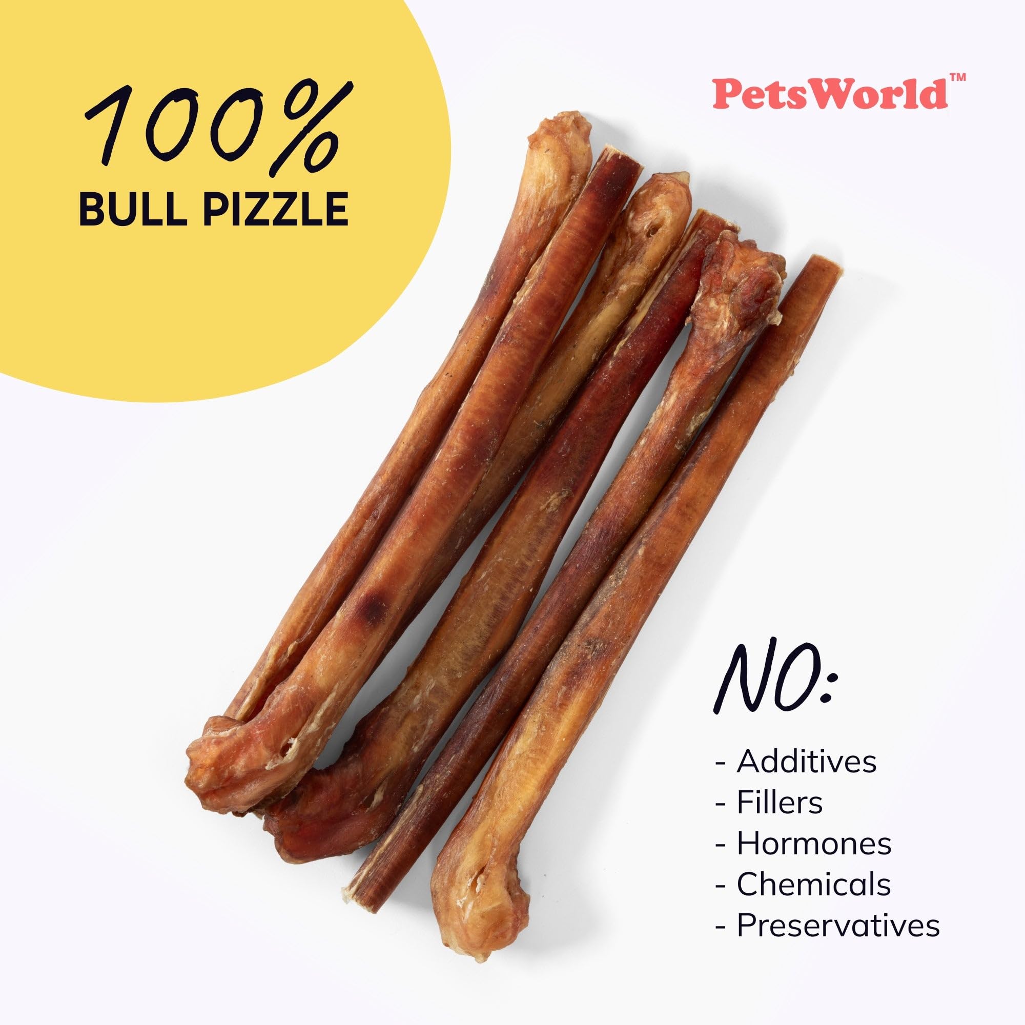 PETSWORLD 12" Thick Bully Sticks (6 Count) - All-Natural, Odor-Free Dog Chews for Large Dogs | Long-Lasting, 100% Digestible Beef Pizzle Treats