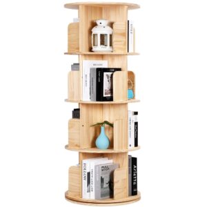 rengue rotating bookshelf tower, 4 tiers floor standing bookcase storage rack, 360 display round spinning bookshelf with detachable feet for small space, bedroom, living room, office