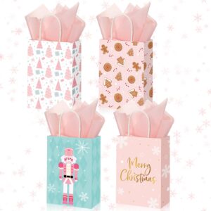 zhanmai 24 pcs pink christmas gift bags with tissue paper gingerbread gift bags nutcracker wrapping bags with handles for xmas holiday winter baby shower birthday favor gift wrapping, 8 x 6 x 3 inch