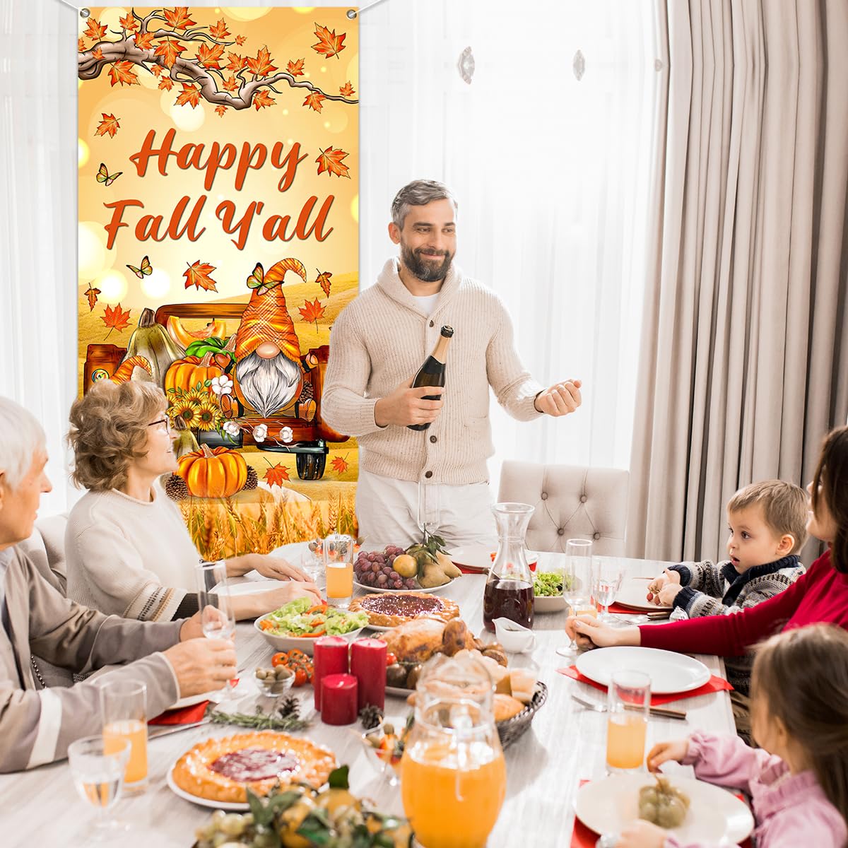 Fall Decorations - Happy Fall Y'all Door Cover Fall Thanksgiving Door Banner Thanksgiving Dwarf Pumpkin Banner Photo Background for Happy Fall Y'all Harvest Party Supplies,Autumn Decorations