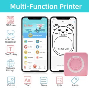 Fernuenx Portable Wireless Printer Mini Pocket Bluetooth Thermal Printers with 5 Rolls Printing Paper Compatible with Android iOS iPhone for Label Receipt Photo Notes and Memos (Pink)