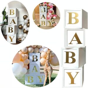 baby shower decoration 11.8inch balloon box, diy 4pcs white baby boxes with 30 letters, centerpieces party favors for baby girl boy birthday gender reveal backdrop (white box with golden letters)