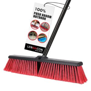 18" push broom outdoor heavy duty, snow broom with long handle, shop broom garage push broom for garden, patio, garage, bathroom, kitchen, tub, carpet, tile, deck, concrete, industrial (red)