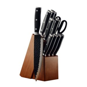 orgreenic hammered high carbon steel knife set - non-stick tsuchimi blade texture, ergonomic handle, professional sharpness for precision cutting - includes chef, bread, utility, and steak knives