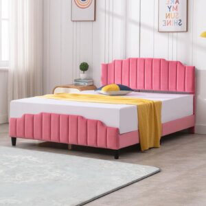 zafly full size bed frame kids, modern comfortable pink princess bed frames, soft headboard padding& wood slats, perfect for girls’rooms, no box spring necessary (princess)