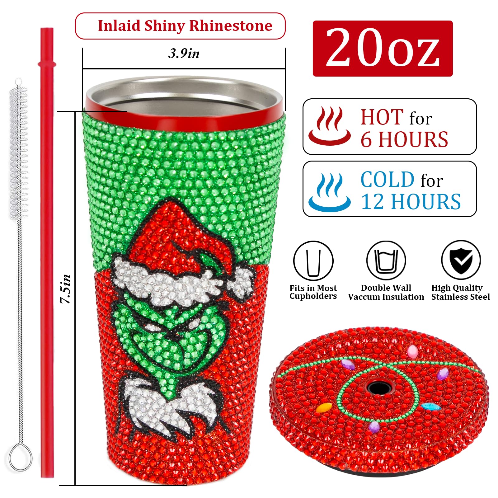 Joyseller Bling Christmas Gift Rhinestone Christmas Tumbler, 20oz Stainless Steel Insulated Tumbler with Lid, Christmas Travel Coffee Mug for Womens/Mens Gift