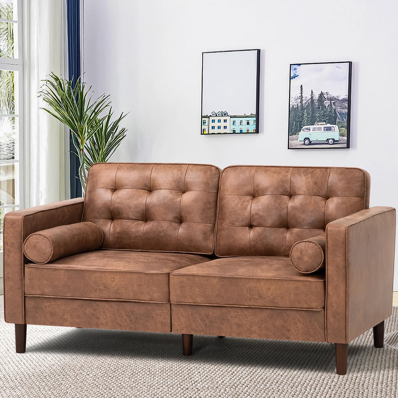 Lesofair Two Pieces Faux Leather Sofa Set with Bolster Pillows,Tufted 3-seat Sofa and Loveseat Couch with Wooden Legs, Upholstered Living Room Set for Living Room, Office, Brown