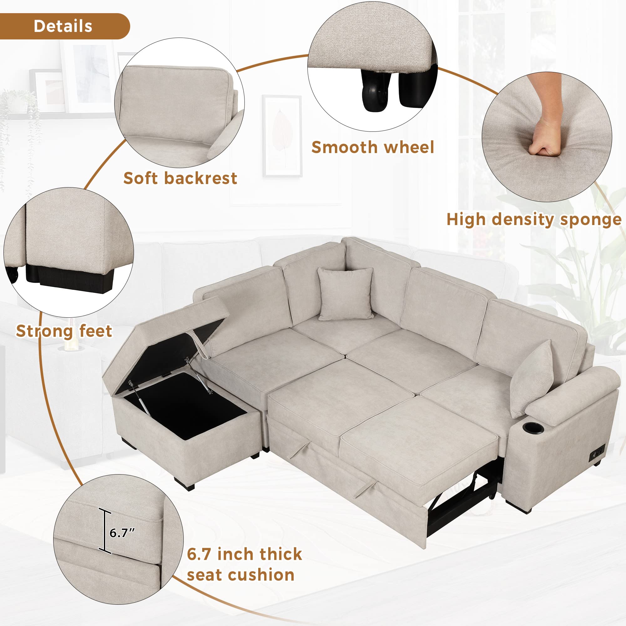 P PURLOVE 87.4" Sleeper Sofa Bed,2 in 1 Pull Out Sofa Couch L Shape Couch with Storage Ottoman for Living Room Sectional Couches for Apartment