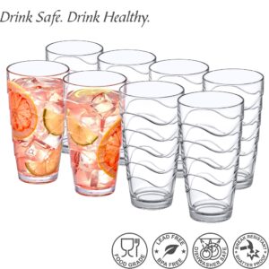 Amazing Abby - Wavely - 20-Ounce Plastic Tumblers (Set of 8), Plastic Drinking Glasses, All-Clear Reusable Plastic Cups, Stackable, BPA-Free, Shatter-Proof, Dishwasher-Safe