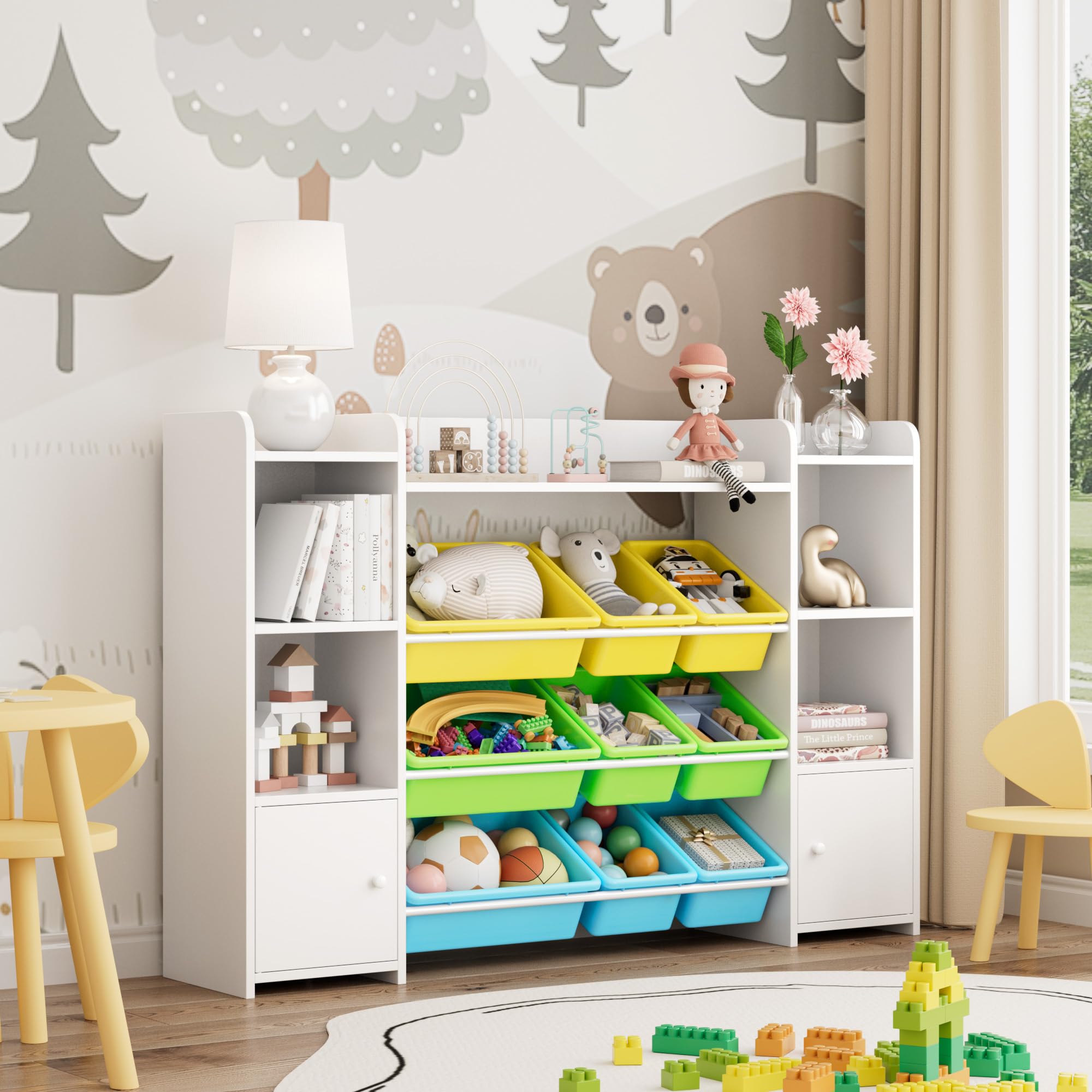 FOTOSOK 55'' Large Toy Storage Organizer with 9 Toy Bins, Toy Organizers and Storage with Shelf and 6 Storage Cubbies, Bookshelf, Playroom Organization and Storage Bins, Yellow/Green/Blue