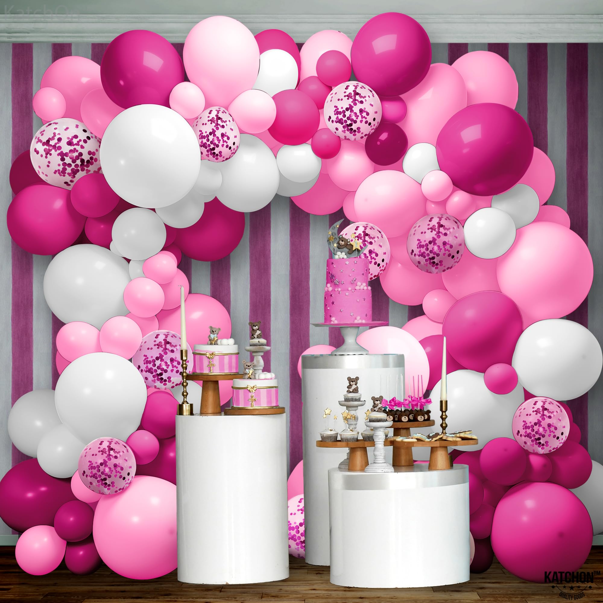 KatchOn, Hot Pink Balloon Arch Kit for Pink Party Decorations - 18 Inch, Pack of 177 | Pink Confetti Balloons | Pink And White Balloons for Pink Birthday Decorations | Pink Disco Party Decorations