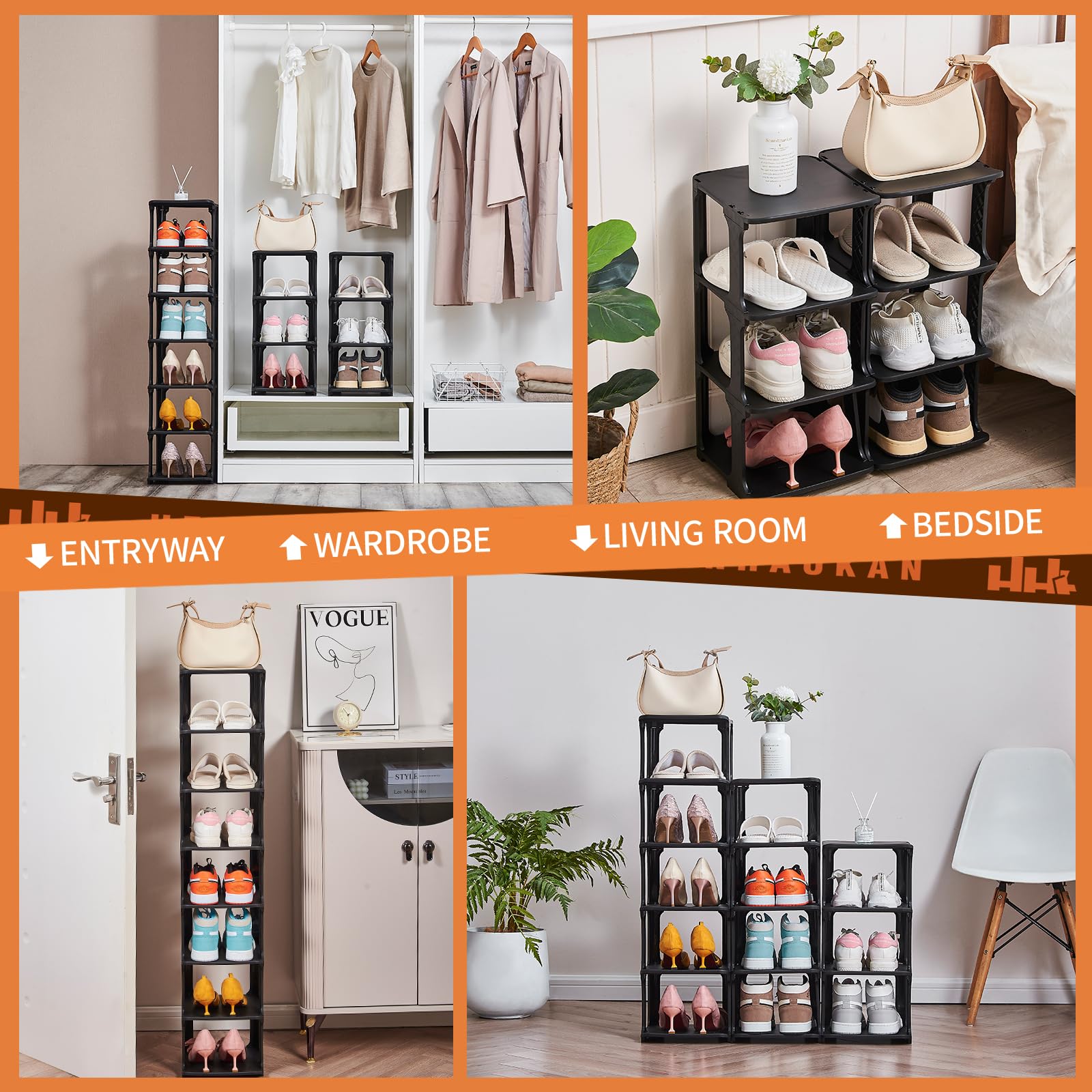 HHK HenHaoKan 5 Tiers Shoe Rack Organizer for Closet Shoe Holder Storage Narrow Plastic Vertical, Free Standing Shoe Rack Shelf for Entryway Stackable Stability DIY, Black