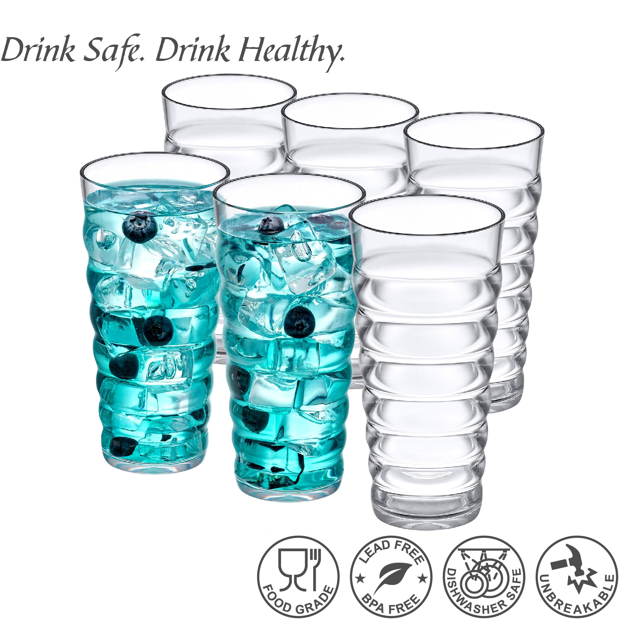 Amazing Abby - Ripply - 24-Ounce Plastic Tumblers (Set of 6), Plastic Drinking Glasses, All-Clear Reusable Plastic Cups, Stackable, BPA-Free, Shatter-Proof, Dishwasher-Safe