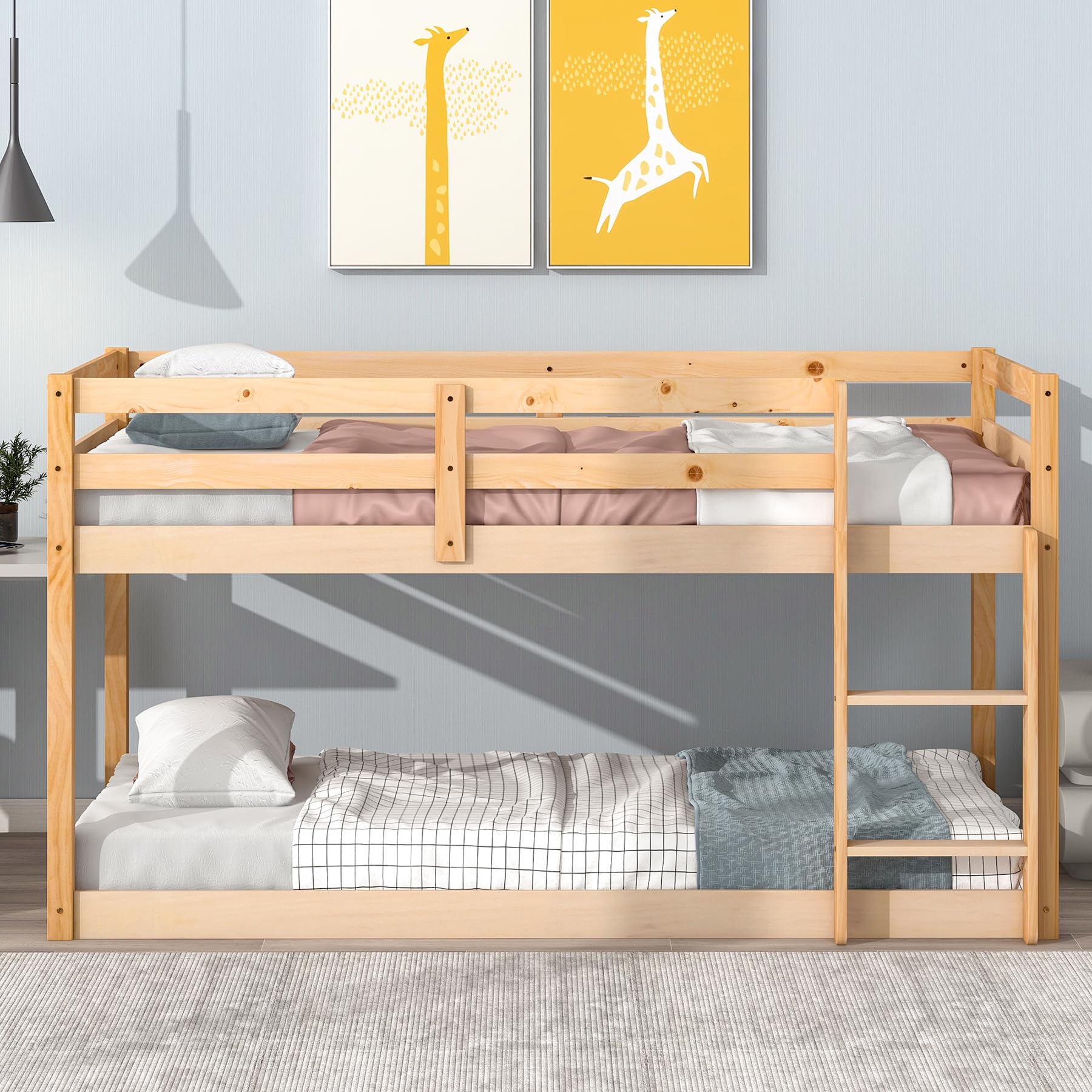 CNANXU Twin Low Bunk Bed,Twin Loft Bed with Ladder for Boys and Girls, Wood Loft Bed Twin Over Twin Bunk Bed Frame with Full Length Guardrail Multifunctional Design,Wooden Slat Support (Natural)