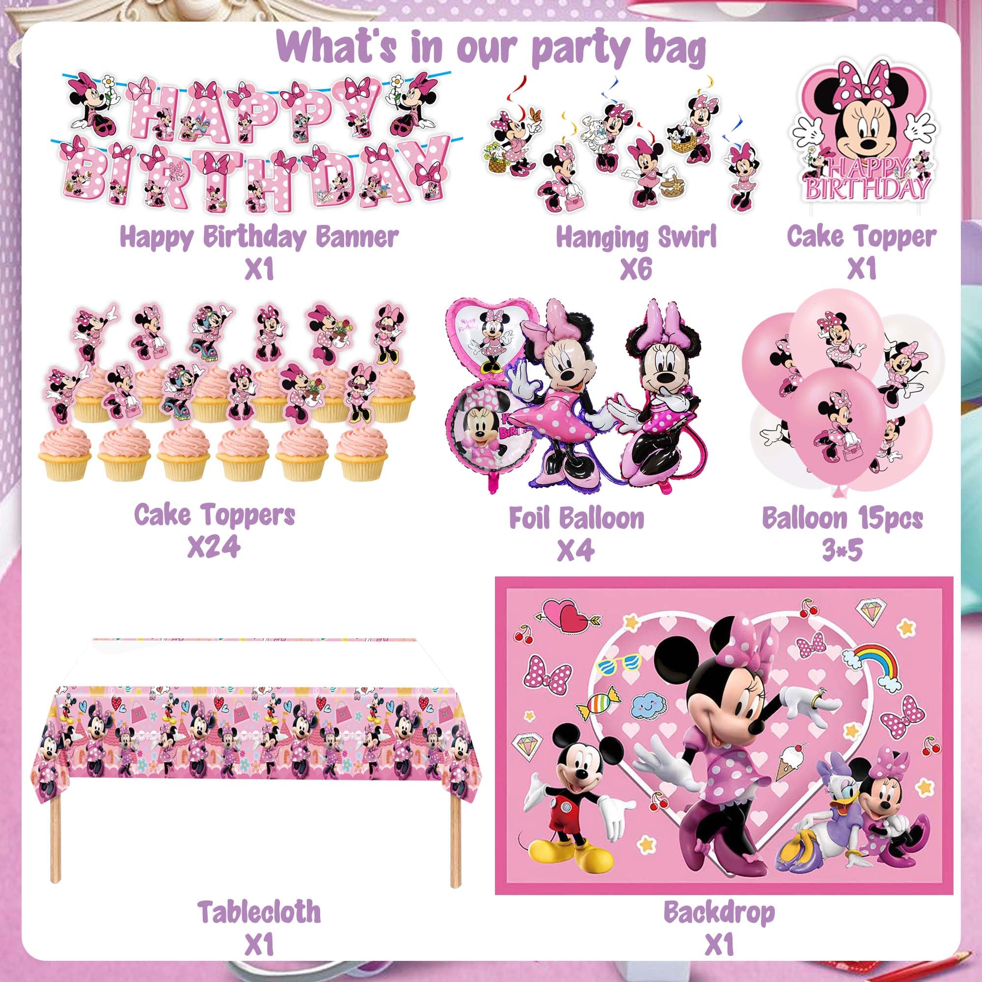 Pink Mouse Birthday Party Supplies, Pink Mouse Birthday Party Decorations Include Banner, Backdrop, Hanging Swirls, Foil Balloons, Cake Toppers, Tablecloth, Pink Mouse Girls Party Favors