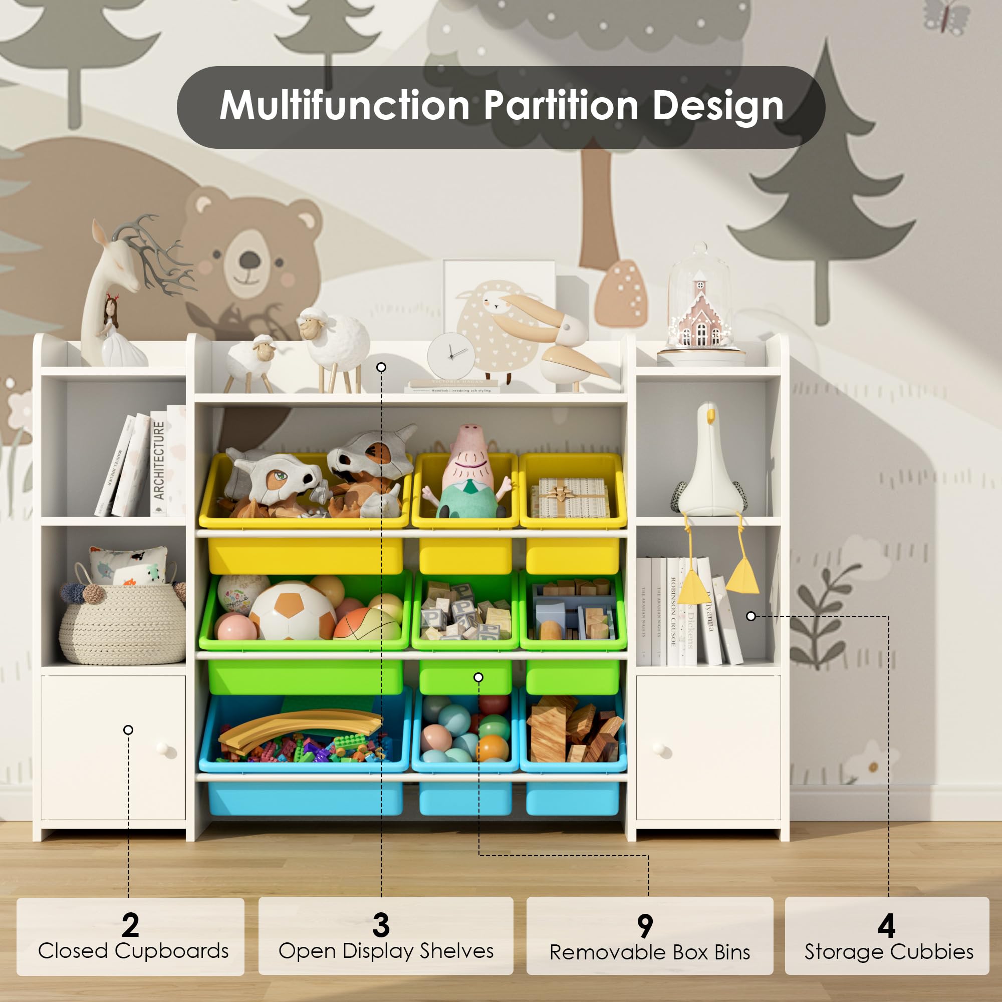 FOTOSOK 55'' Large Toy Storage Organizer with 9 Toy Bins, Toy Organizers and Storage with Shelf and 6 Storage Cubbies, Bookshelf, Playroom Organization and Storage Bins, Yellow/Green/Blue