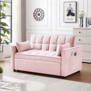 HABITRIO 55.2" Pull Out Bed Sleeper Sofa Bed with Toss Pillows,Velvet Loveseat Futon Sofa Couch with Pockets,Loveseat Sofa Couch with Adjsutable Backrest for Living Room