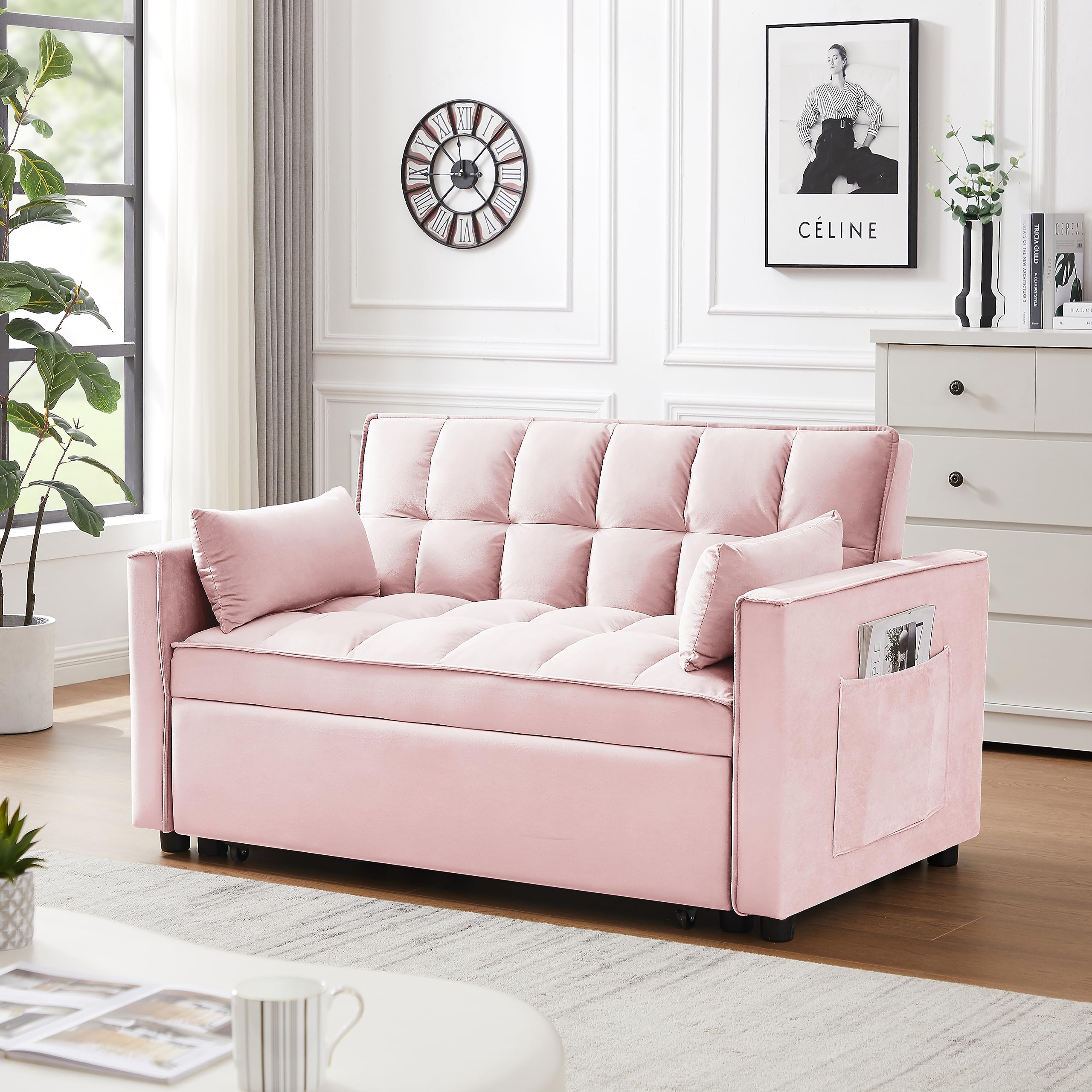 HABITRIO 55.2" Pull Out Bed Sleeper Sofa Bed with Toss Pillows,Velvet Loveseat Futon Sofa Couch with Pockets,Loveseat Sofa Couch with Adjsutable Backrest for Living Room