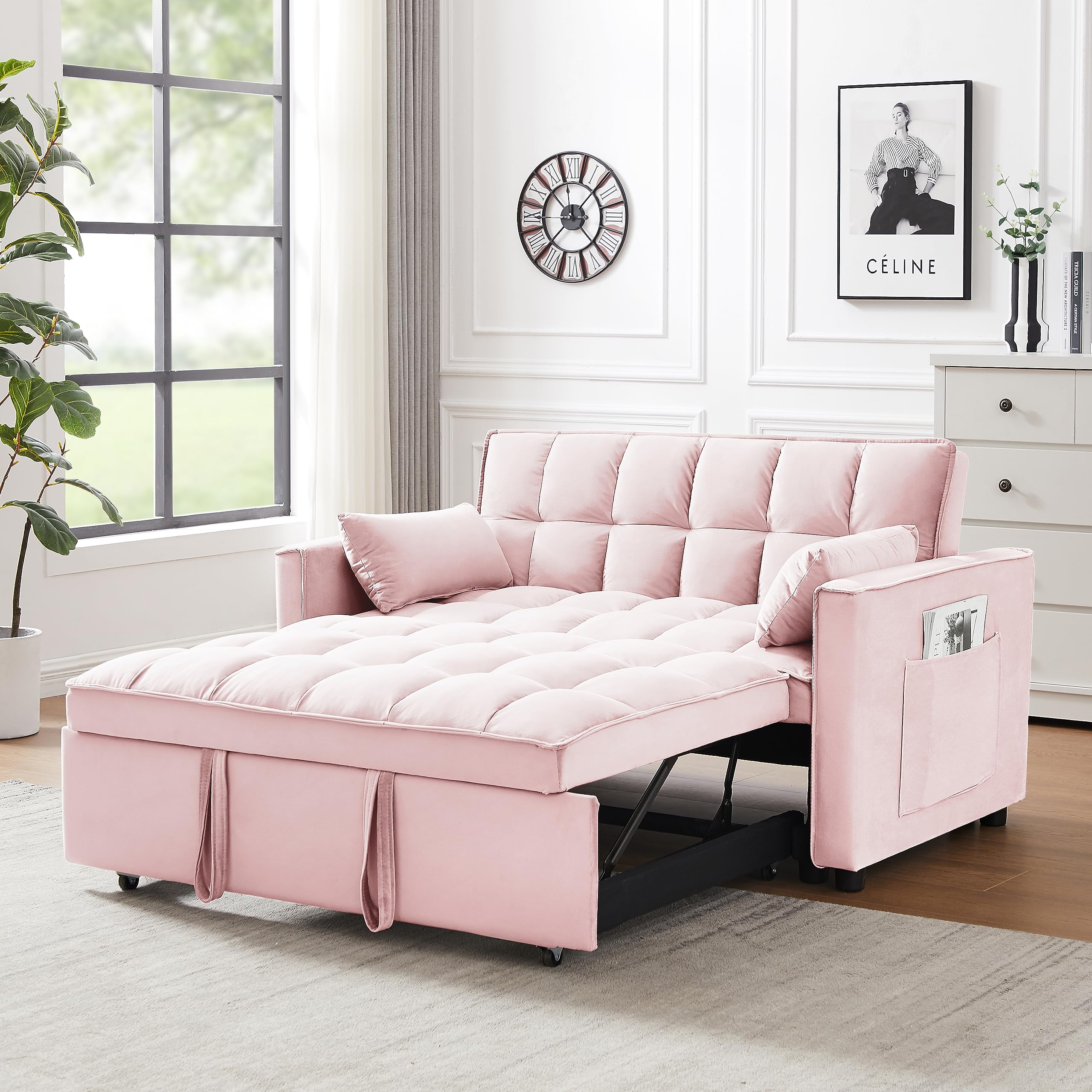 HABITRIO 55.2" Pull Out Bed Sleeper Sofa Bed with Toss Pillows,Velvet Loveseat Futon Sofa Couch with Pockets,Loveseat Sofa Couch with Adjsutable Backrest for Living Room