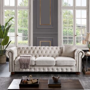 lumisol 3 seater couch for living room, modern upholstered tufted couch with nailhead trim & wood legs, chesterfield sofa with rolled arms