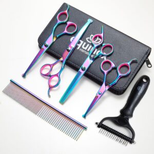 equinox dog grooming scissors & deshedder - 7 in 1 pet grooming scissors set with undercoat brush - curved dog scissors with safety tips - includes thinning & rounded shears - for dogs & cats