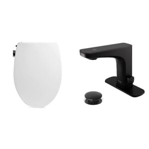 bathroom refresh bundle includes (1) bio bidet by bemis slim zero bidet toilet seat, elongated, white and (1) grove motion activated hands free bathroom faucet in matte black finish