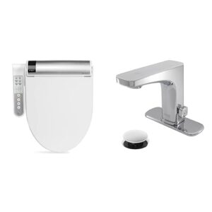 bathroom refresh bundle includes (1) bio bidet bliss bb-1700 round white bidet toilet seat with warm water and (2) grove motion activated hands free bathroom faucets in chrome finish