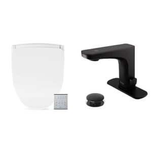 bathroom refresh bundle includes (1) bio bidet slim two smart bidet elongated toilet seat and (1) grove motion activated hands free bathroom faucet in matte black finish