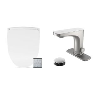 bathroom refresh bundle includes (1) bio bidet slim two smart bidet round toilet seat and (1) grove motion activated hands free bathroom faucet in brushed nickel finish