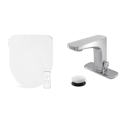 Bathroom Refresh Bundle Includes (1) Bio Bidet by Bemis Slim Three Smart Bidet Toilet Seat, Elongated, White and (2) Grove Motion Activated Hands Free Bathroom Faucets in Chrome Finish