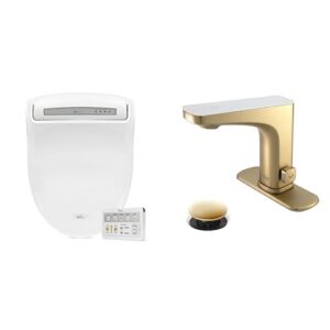 bathroom refresh bundle includes (1) bio bidet by bemis bb-1000w supreme elongated bidet toilet seat, white and (1) grove motion activated hands free bathroom faucet in champagne finish