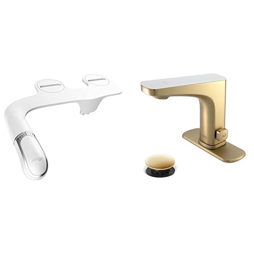 Bathroom Refresh Bundle Includes (1) Bio Bidet by Bemis SlimTwist Simple Bidet Toilet Attachment and (2) Grove Motion Activated Hands Free Bathroom Faucets in Champagne Finish