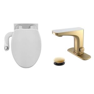 bathroom refresh bundle includes (1) bio bidet by bemis elongated toilet seat, (1) slimedge bidet attachment and (1) grove motion activated hands free bathroom faucet in champagne finish