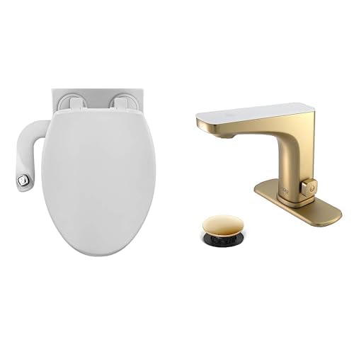 Bathroom Refresh Bundle Includes (1) Bio Bidet by Bemis Elongated Toilet Seat, (1) SlimEdge Bidet Attachment and (1) Grove Motion Activated Hands Free Bathroom Faucet in Champagne Finish