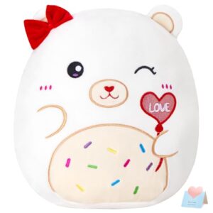 houwsbaby 12'' white bear plush pillow,bear stuffed animal holding love balloon,wearing bow on the head, for girls girlfriend, babies, lovers