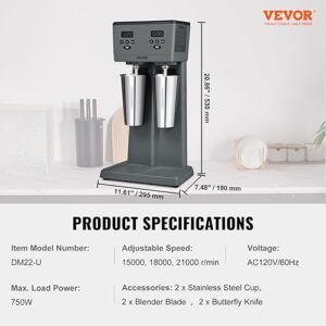 VEVOR Milkshake Maker, 375W x 2 Electric Milkshake Machine, Commercial Double Heads Drink Mixer Blender, LED Intelligent Microswitch, 3-Speed Milkshake Mixer with 2 x 820 ml Stainless Steel Cups