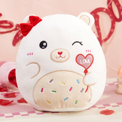 Houwsbaby 12'' White Bear Plush Pillow,Bear Stuffed Animal Holding Love Balloon,Wearing Bow on The Head, for Girls Girlfriend, Babies, Lovers