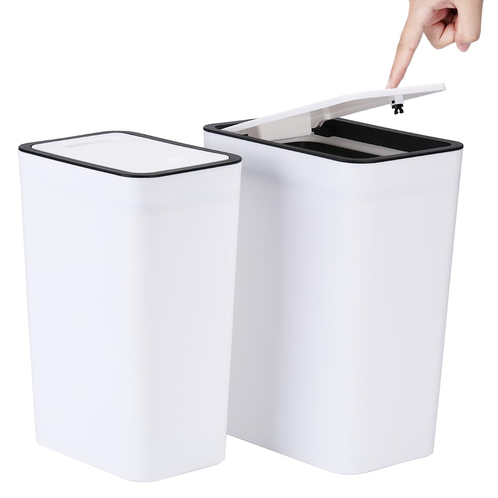 Small Trash Can with Lid, 2 Pack Bathroom Garbage Can Waste Basket with Press Lid, Plastic Trash Bin Dog-Proof for Kitchen, Bedroom, Living Room, Office (4 Gallons / 15L + 2.6 Gallons / 10L, White)