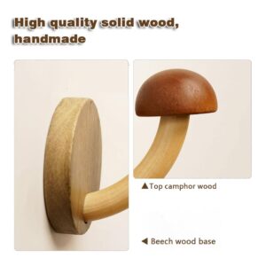 Auntzyj Fun Wooden Mushroom Coat Hook, Non-Perforated Solid Wood Hook, Kitchen Bathroom Cloakroom Door Hook (4 pcs)