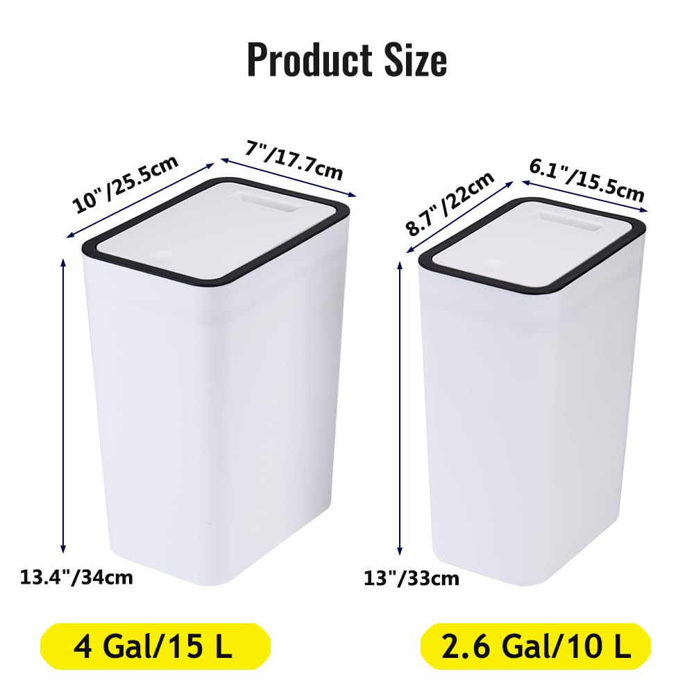 Small Trash Can with Lid, 2 Pack Bathroom Garbage Can Waste Basket with Press Lid, Plastic Trash Bin Dog-Proof for Kitchen, Bedroom, Living Room, Office (4 Gallons / 15L + 2.6 Gallons / 10L, White)