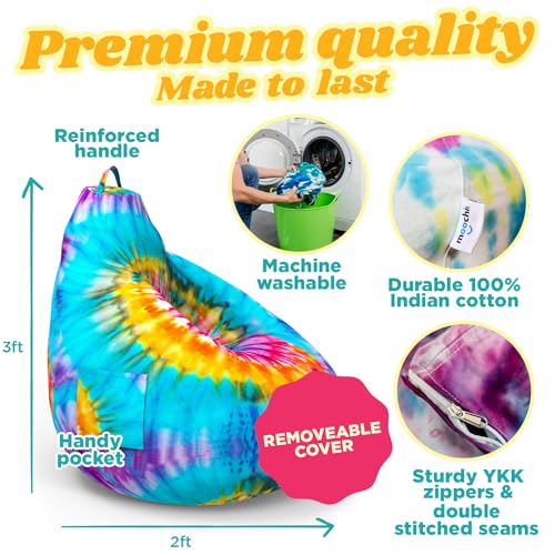 Bean Bag Chair Cover with Tie Dye Kit & Liner Bag - 3FT Bean Bag Chair Cover - Bean Bag Covers Only - Bean Bag Storage - Empty Bean Bag - Bean Bag Chair No Filler - Washable